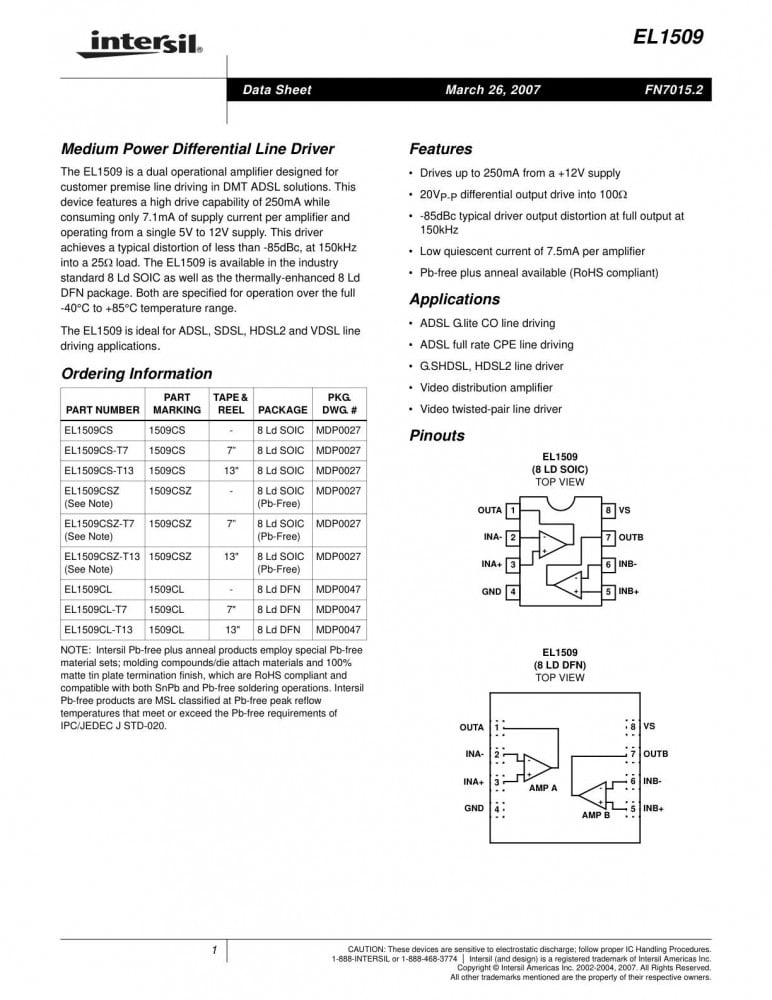EL1509 datasheet page 1