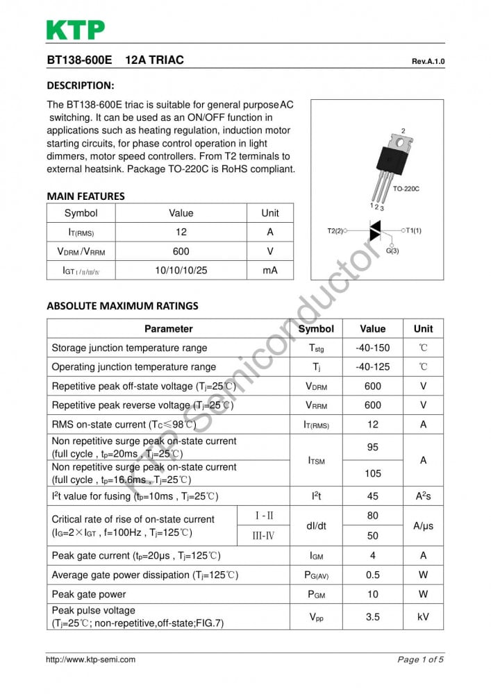 BT138-600E datasheet page 1