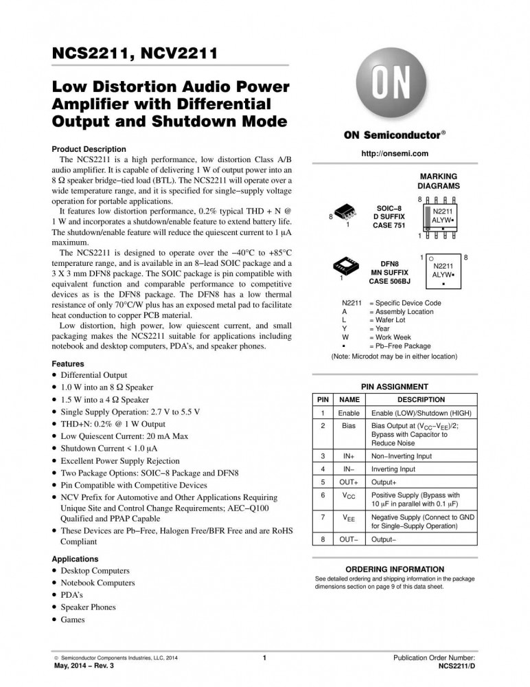 NCS2211DR2G datasheet page 1