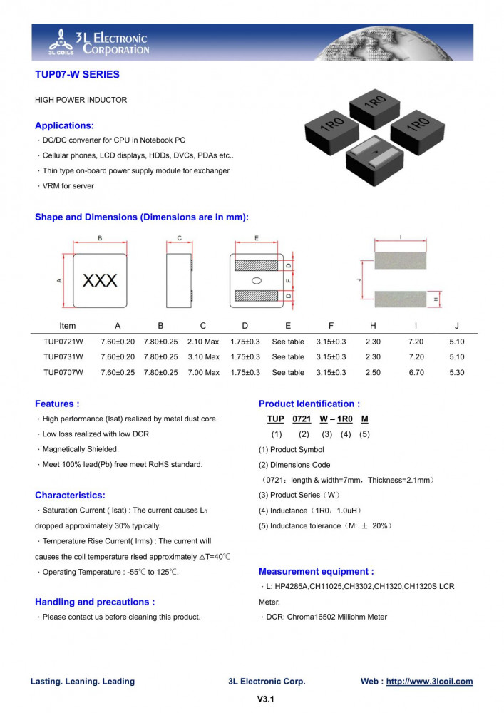 3L COILS TUP07-W series document page 1