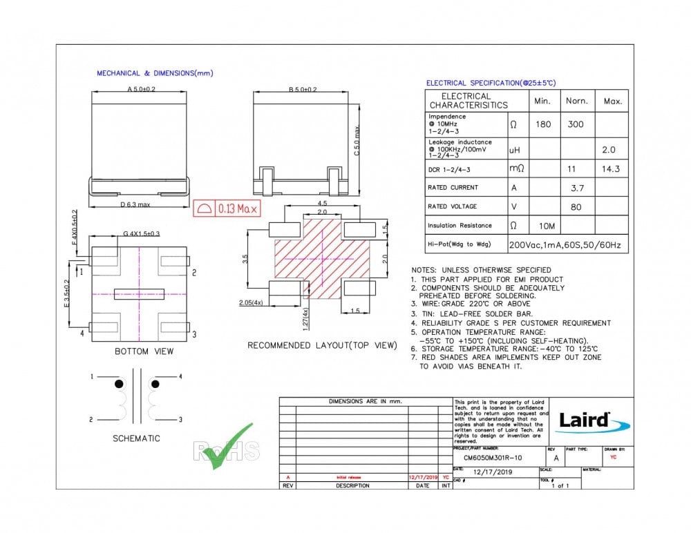 Laird CM6050M301R-10 technical drawing and electrical specification