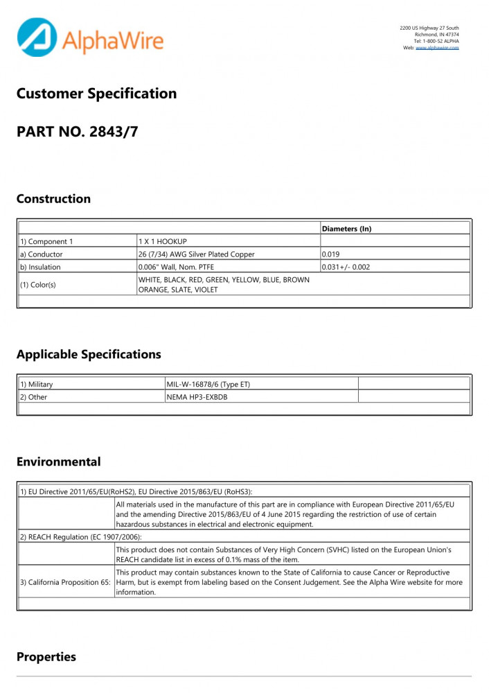 Alpha Wire 2843/7 RD001 technical document page 1