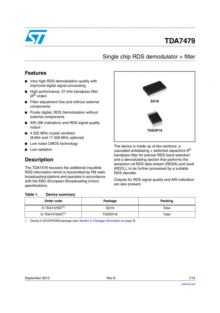 TDA7479ADTR datasheet page 1