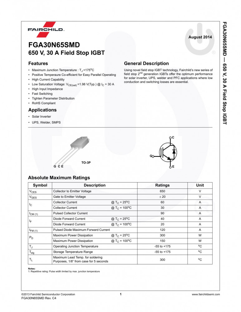 FGA30N65SMD datasheet page 1