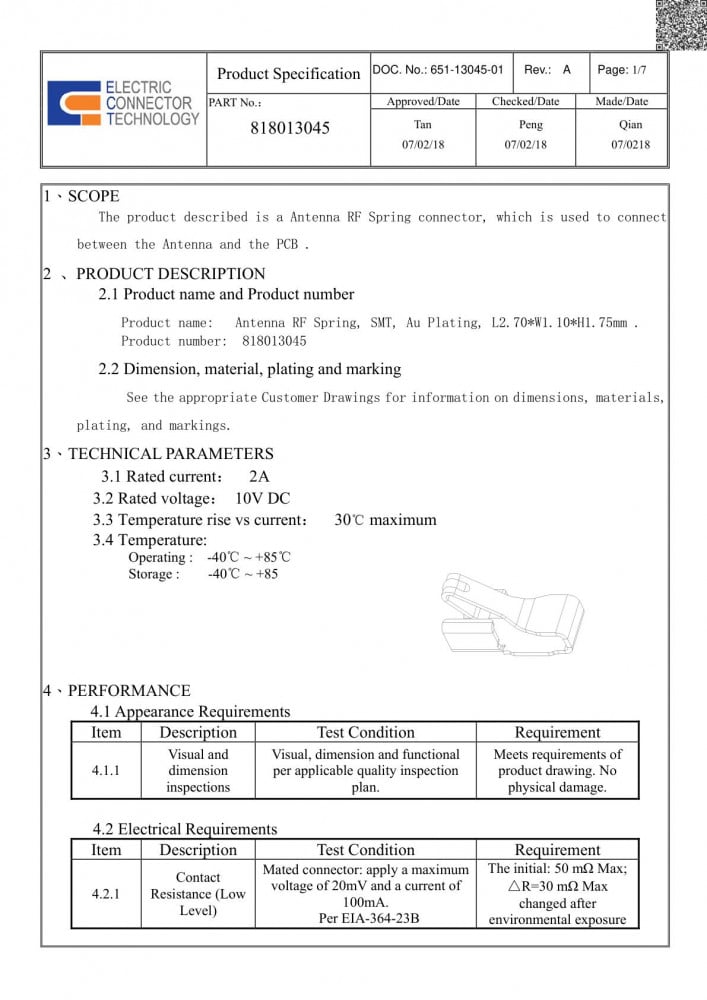 ECT 818013045 specification page 1