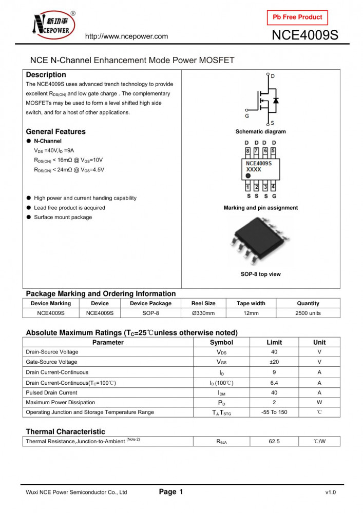 NCE4009S datasheet page 1