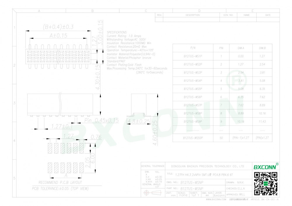 BXCONN B127US-WSxP series technical drawing