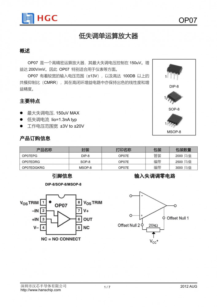 OP07EDRG datasheet page 1