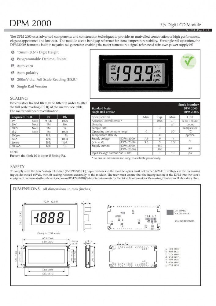 Lascar Electronics DPM 2000S technical document page 1