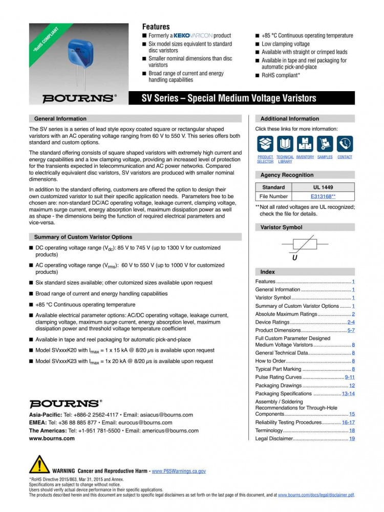 BOURNS SV Series datasheet page 1