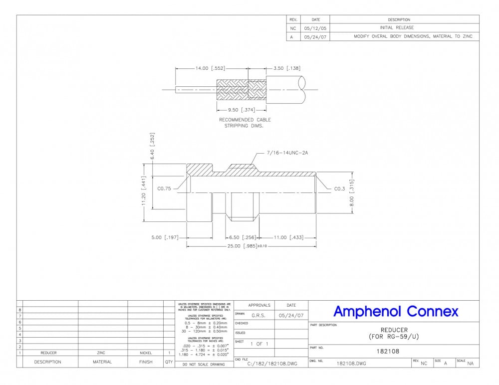 Amphenol 182108 technical drawing preview