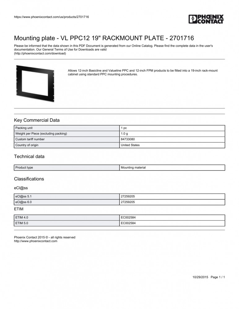 Phoenix Contact 2701716 VL PPC12 19 inch rackmount plate catalog image