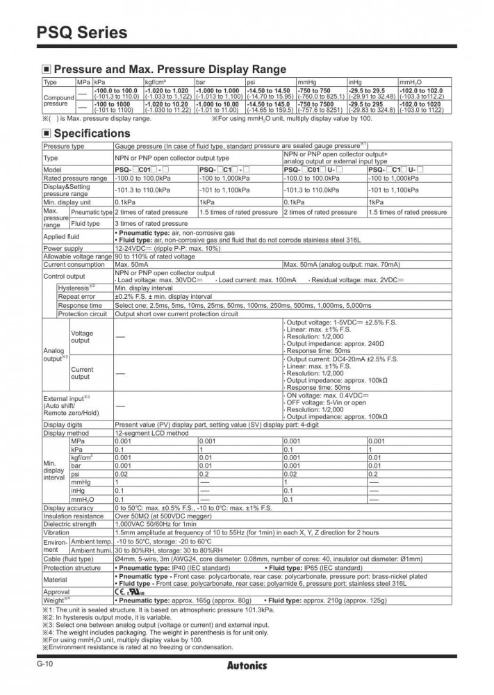 Autonics PSQ technical document page 2