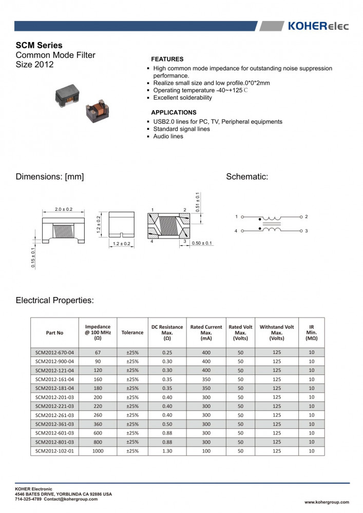 KOHERelec SCM Series common mode filter datasheet page 1