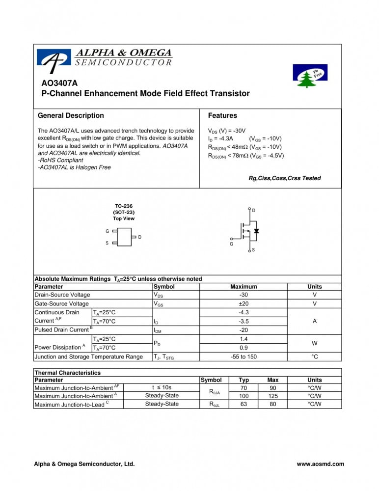 AO3407A datasheet page 1