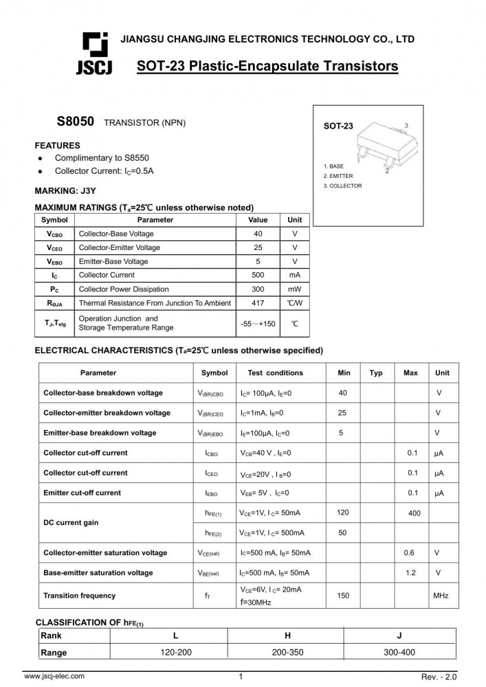 S8050 J3Y datasheet page 1