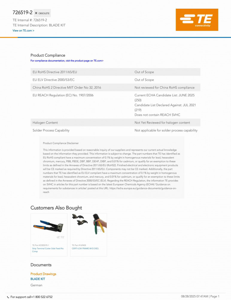 726519-2 BLADE KIT product drawing, page 1