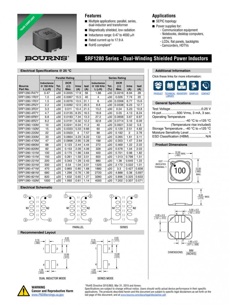 BOURNS SRF1280 datasheet page 1
