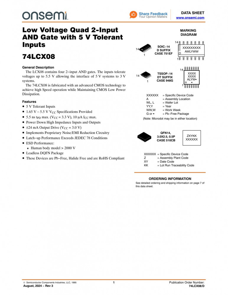 74LCX08 datasheet page 1