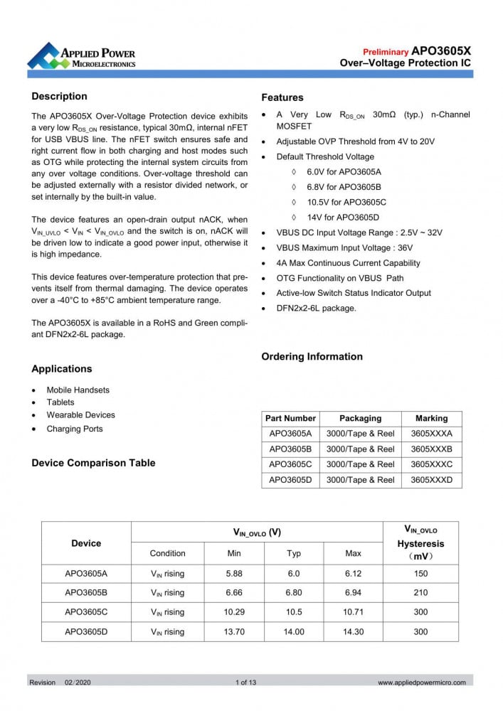 APO3605A datasheet page 1