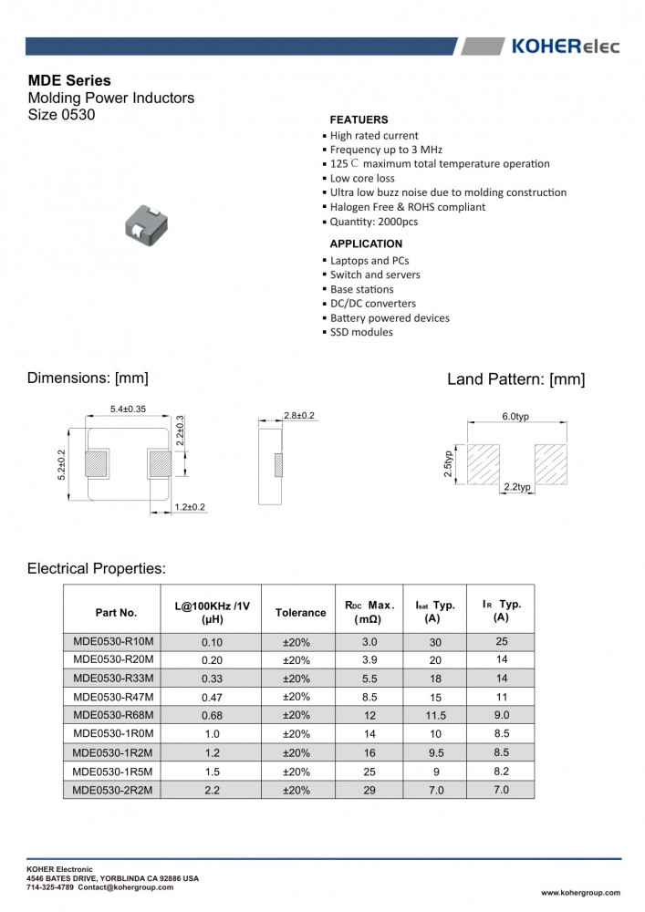 MDE0530 series dimensions and electrical properties
