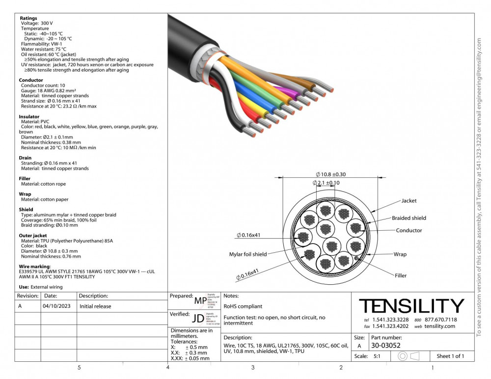 Tensility International 30-03052 cable specification drawing
