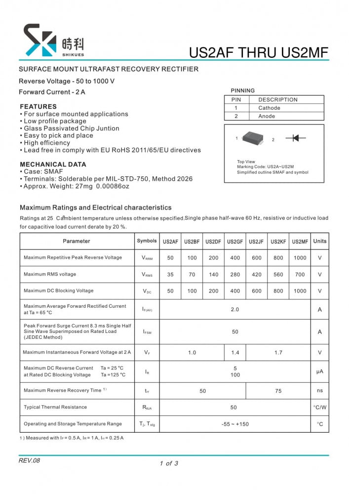 US2DF datasheet page 1