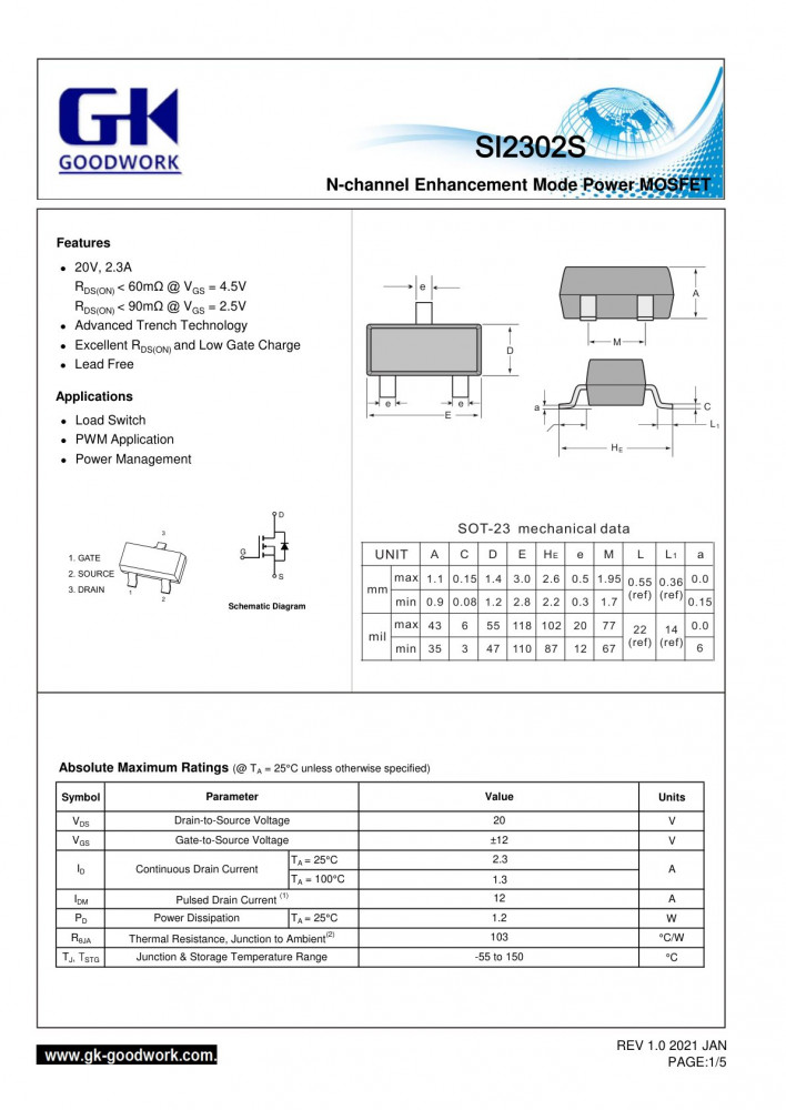 SI2302S technical document page 1