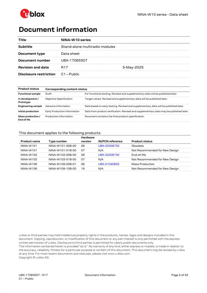 NINA-W10 datasheet preview, page 2