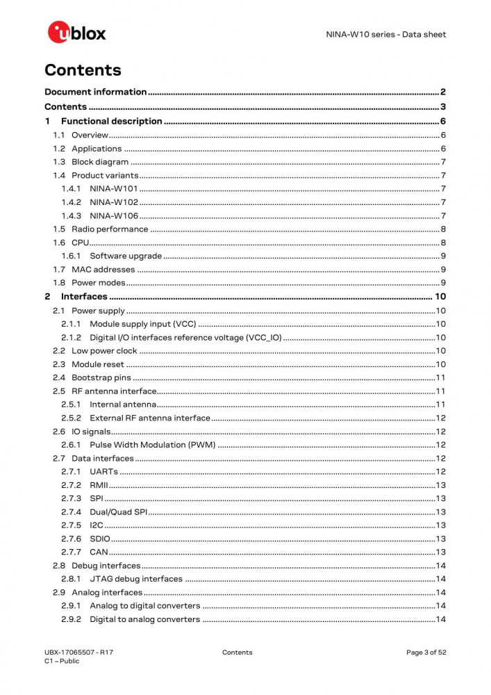 NINA-W10 datasheet preview, page 3