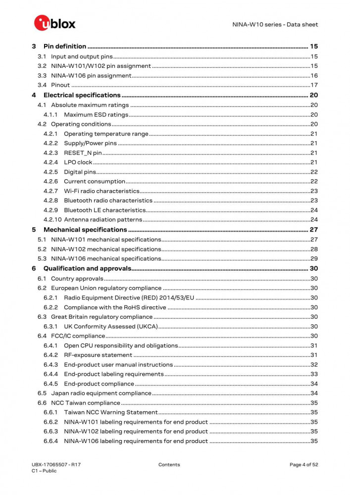 NINA-W10 datasheet preview, page 4