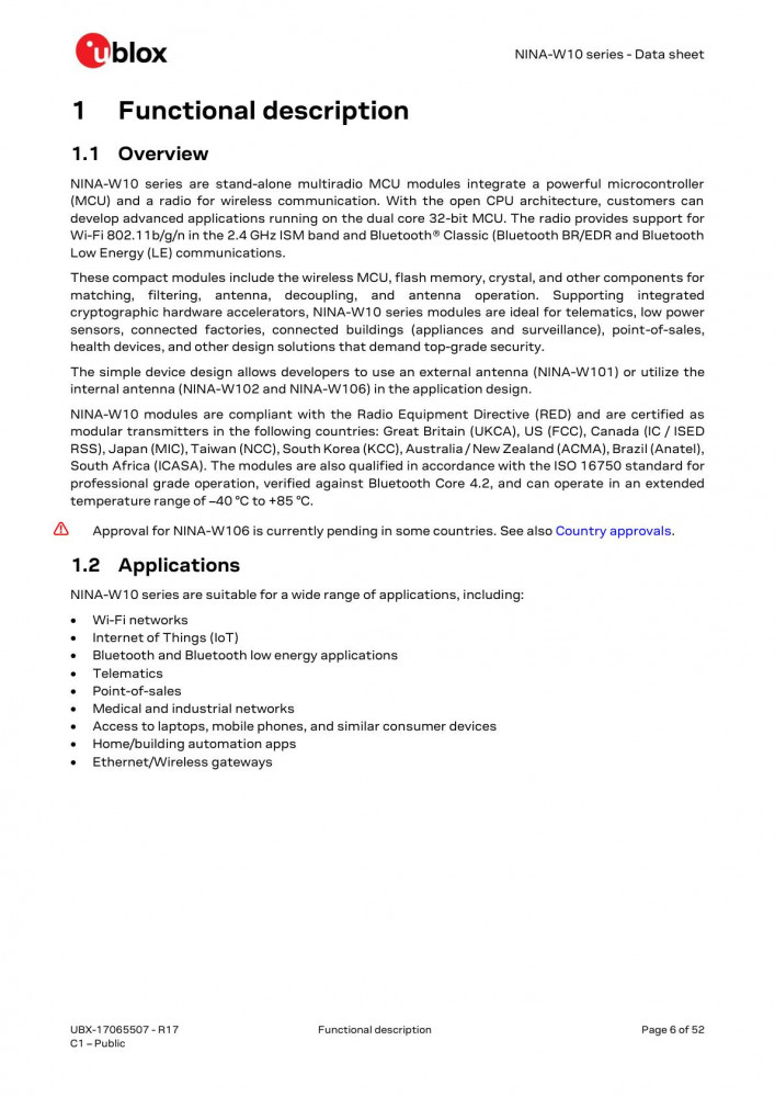 NINA-W10 datasheet preview, page 6