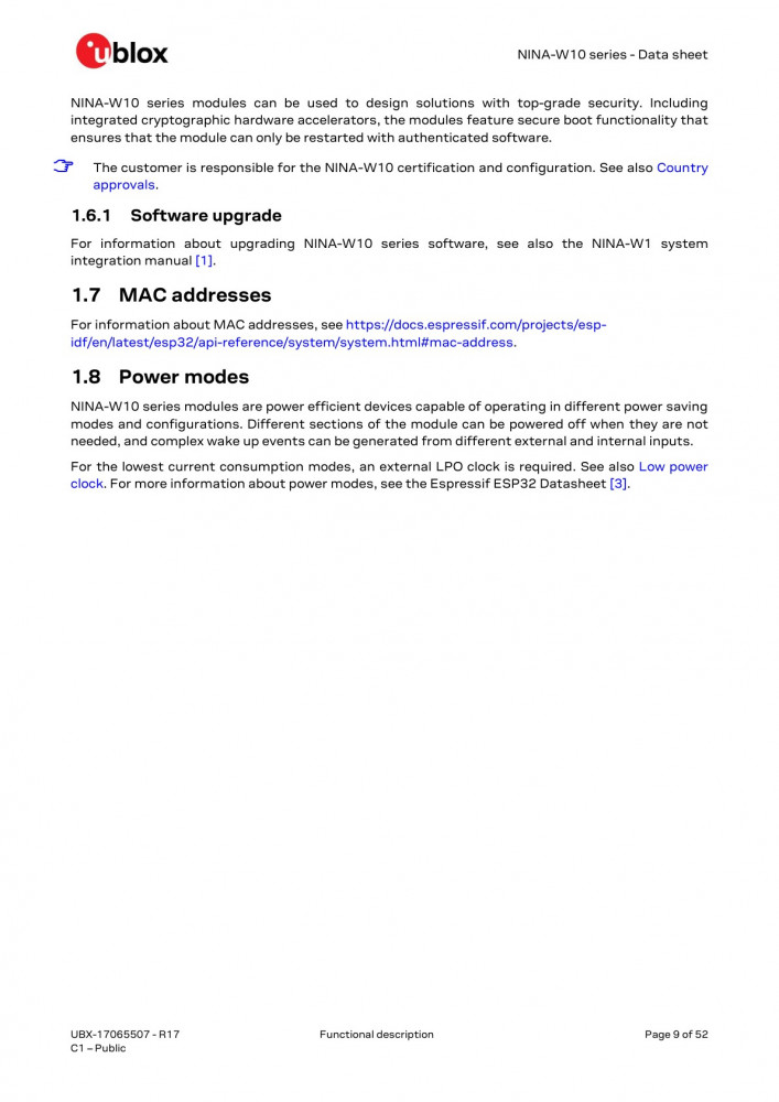 NINA-W10 datasheet preview, page 9