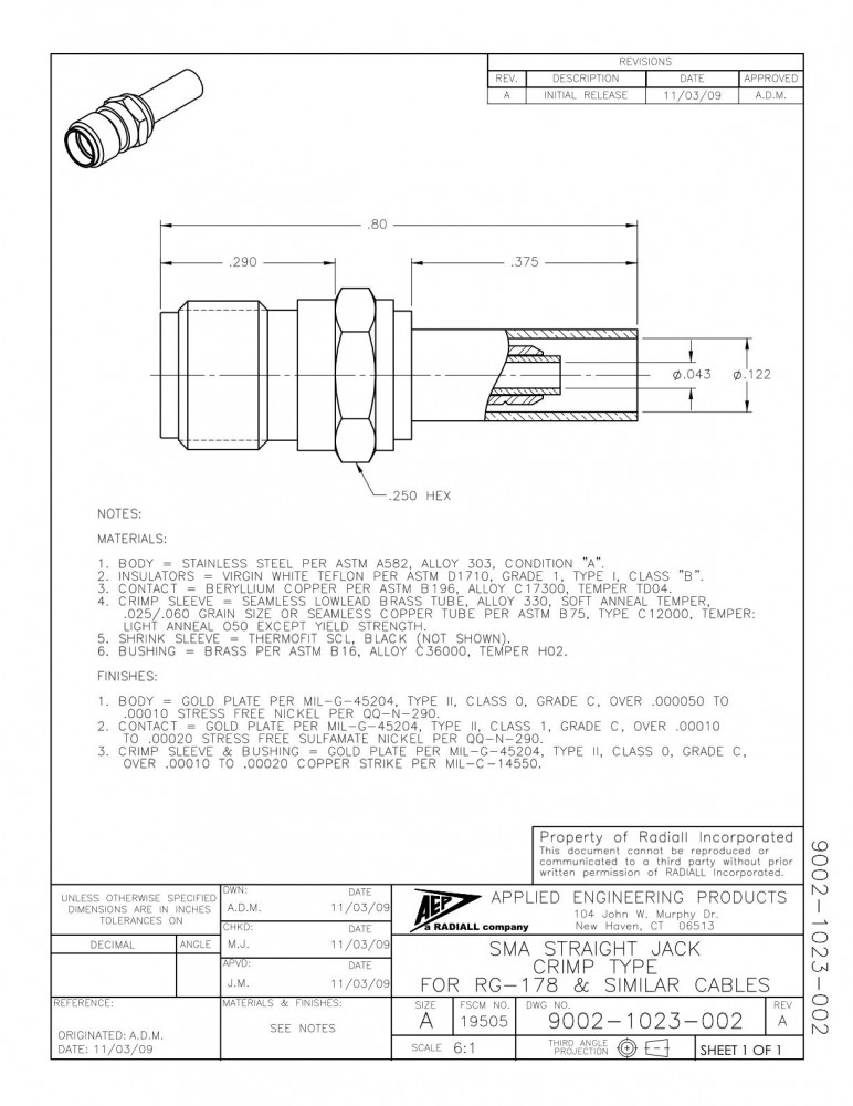 Technical drawing preview for Radiall 9002-1023-002 SMA straight jack crimp connector