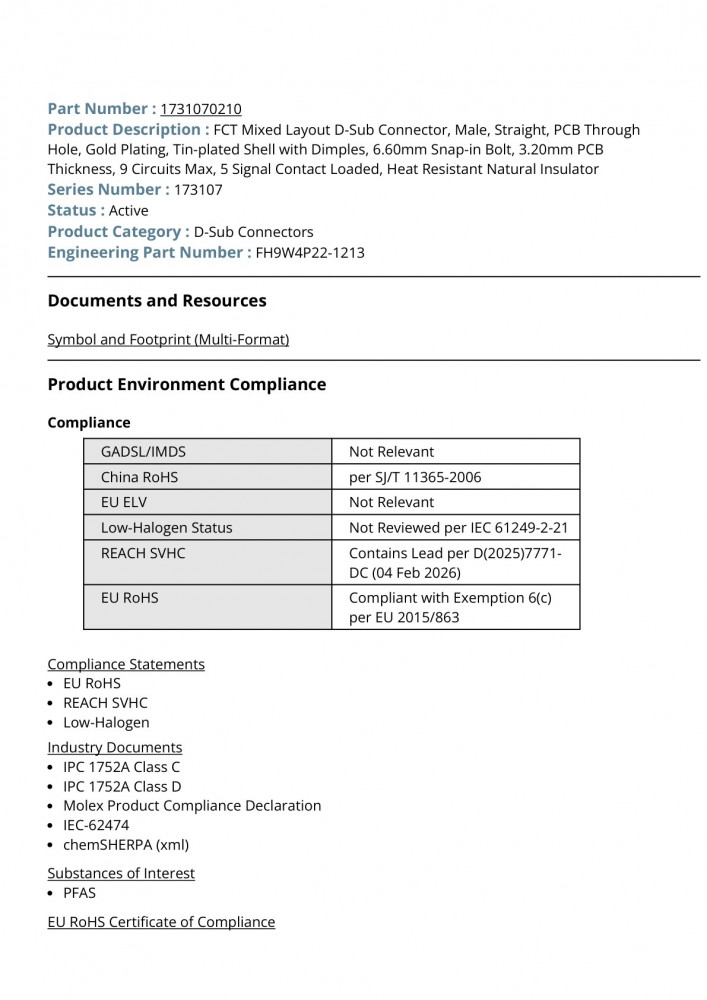 MOLEX 1731070210 technical document page 1