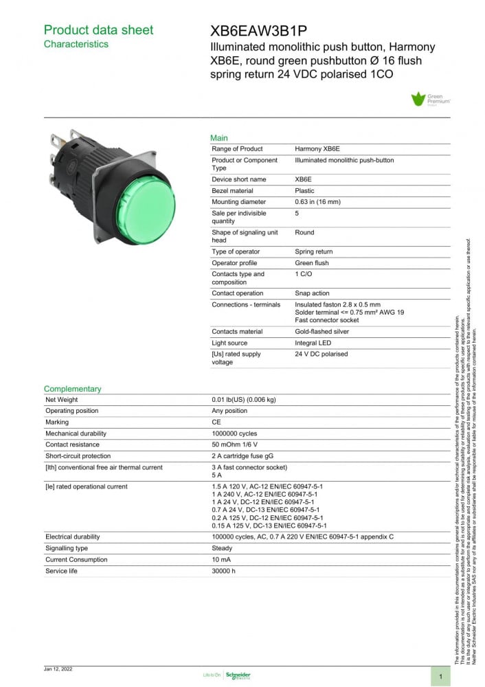XB6EAW3B1P technical document page 1