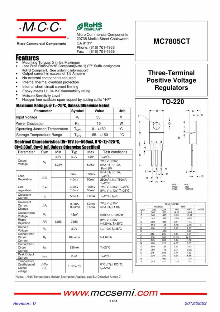 MC7805CT-BP datasheet page 1