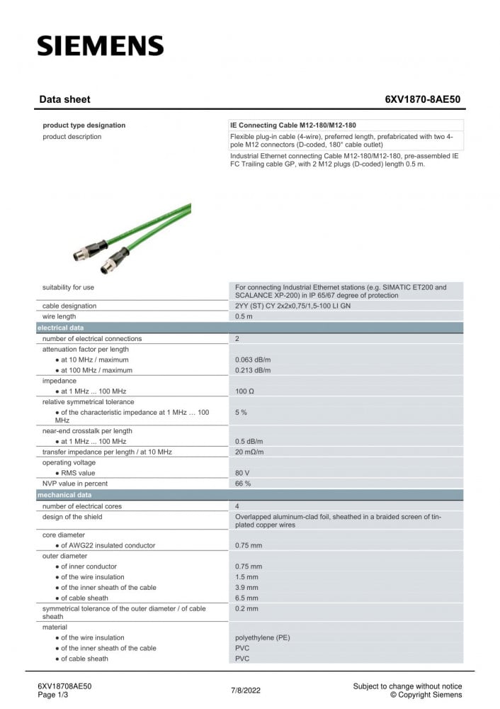 6XV18708AE50 technical document page 1