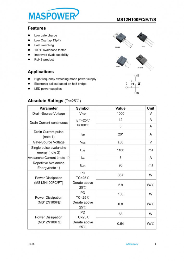 MS12N100FT datasheet page 1