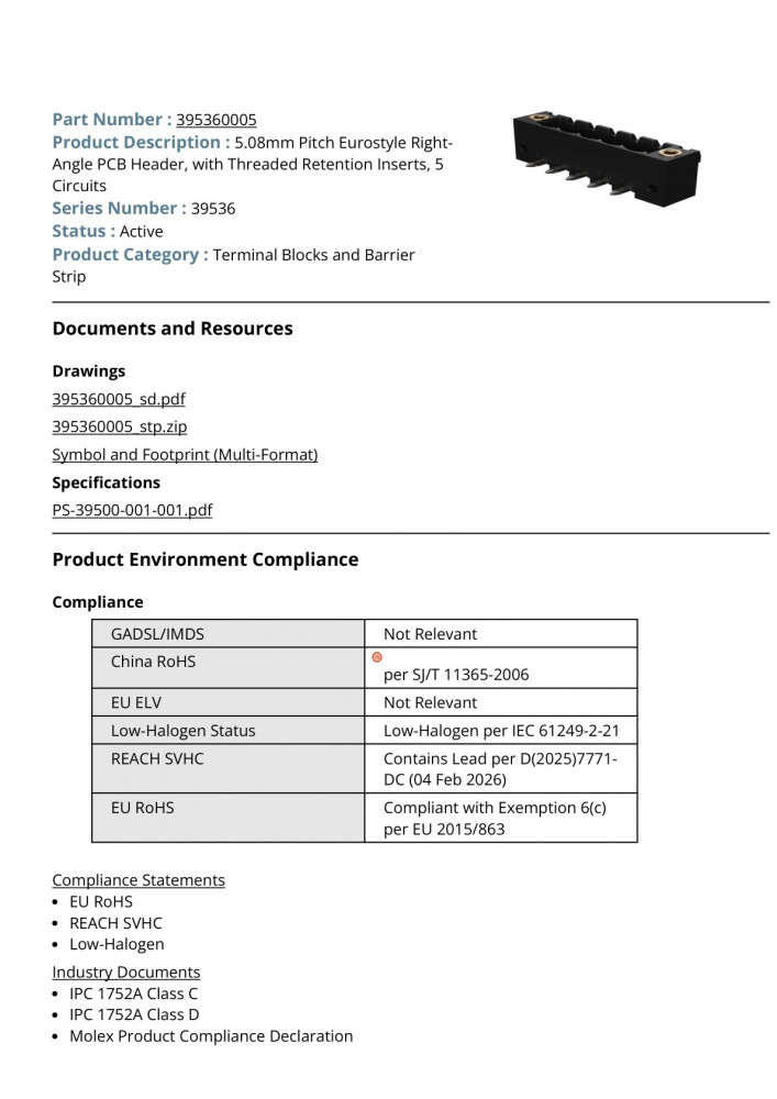 MOLEX ESE Eurostyle terminal block document, page 1