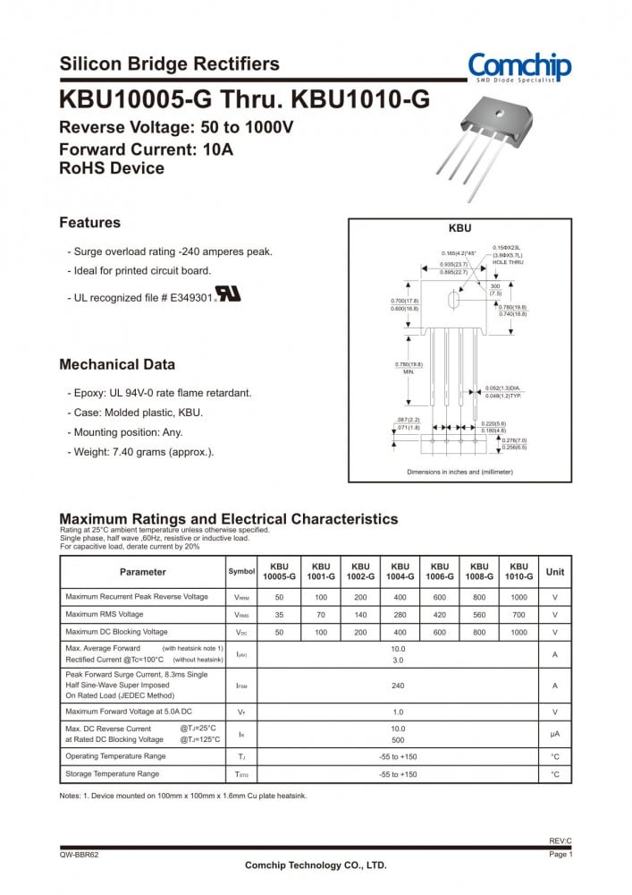 KBU10005-G datasheet page 1