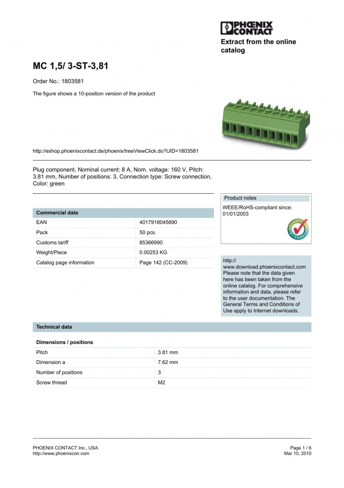 Phoenix Contact 1803581 technical document page 1