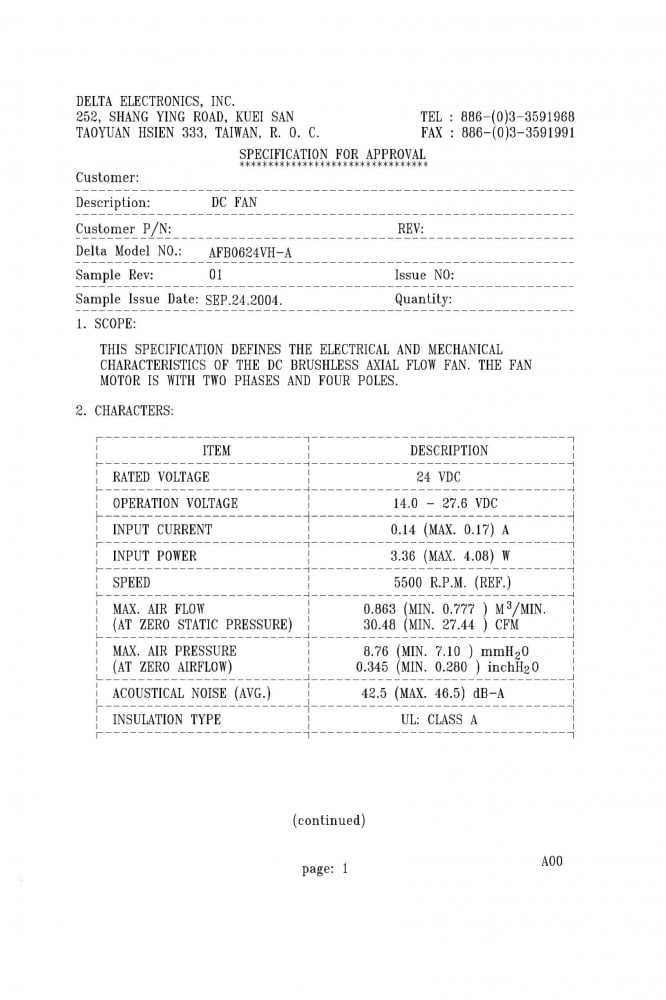 AFB0624VH-A specification page 1