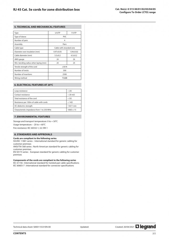 Legrand RJ45 Cat. 5e cords document, page 2
