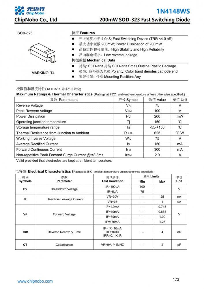 1N4148WS datasheet page 1