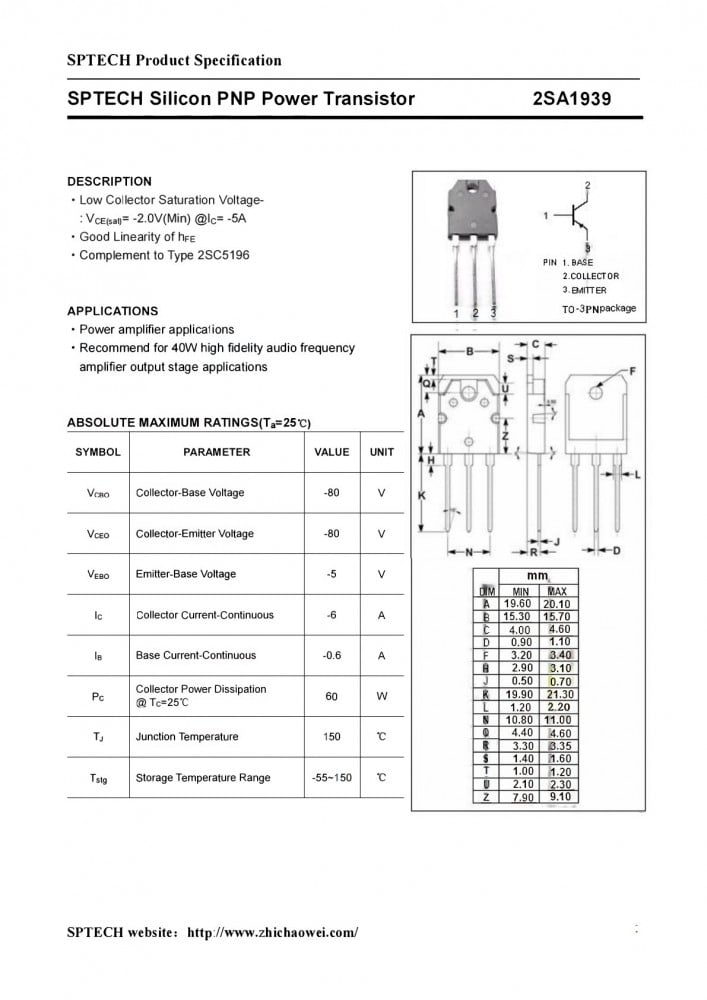 2SA1939 SPTECH datasheet page 1