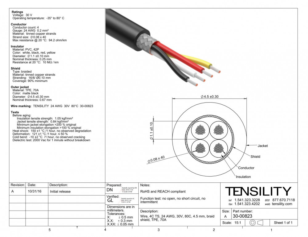 Tensility International 30-00823 cable specification drawing