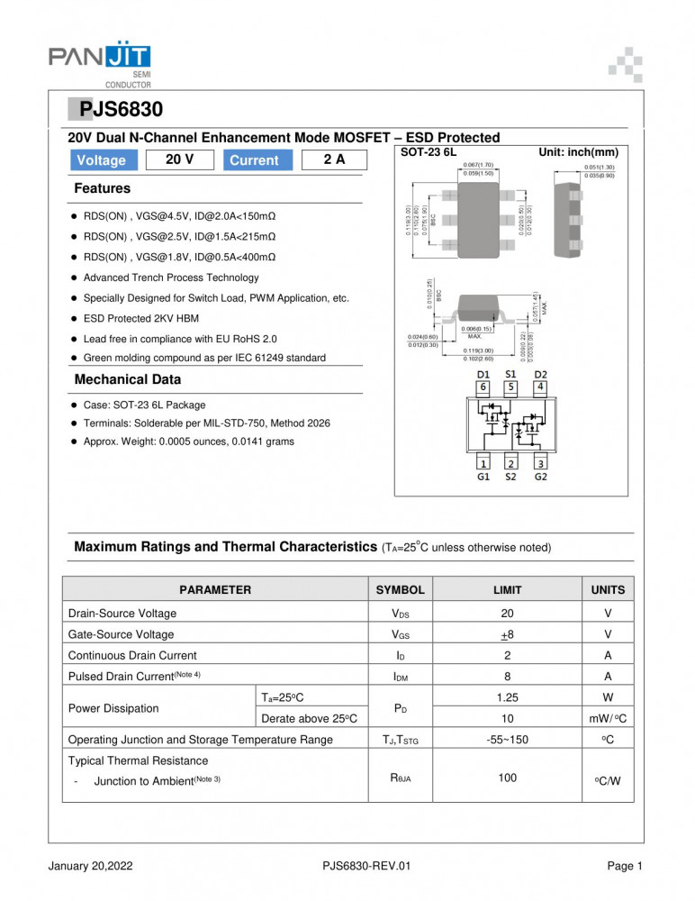 PJS6830 datasheet page 1