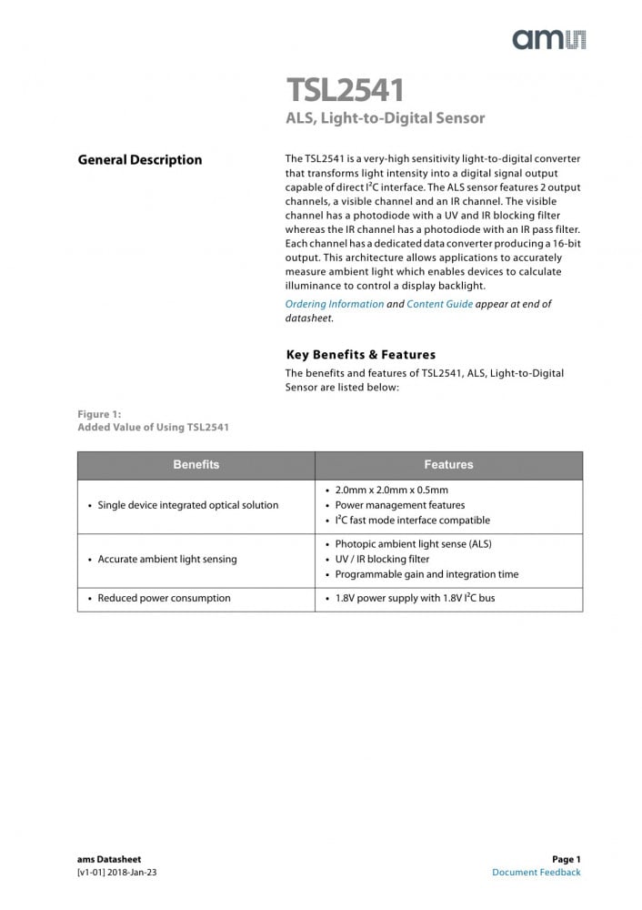 TSL25413M technical document page 1