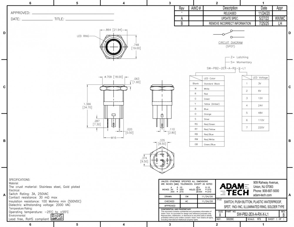 ADAM TECH push button switch specification drawing preview